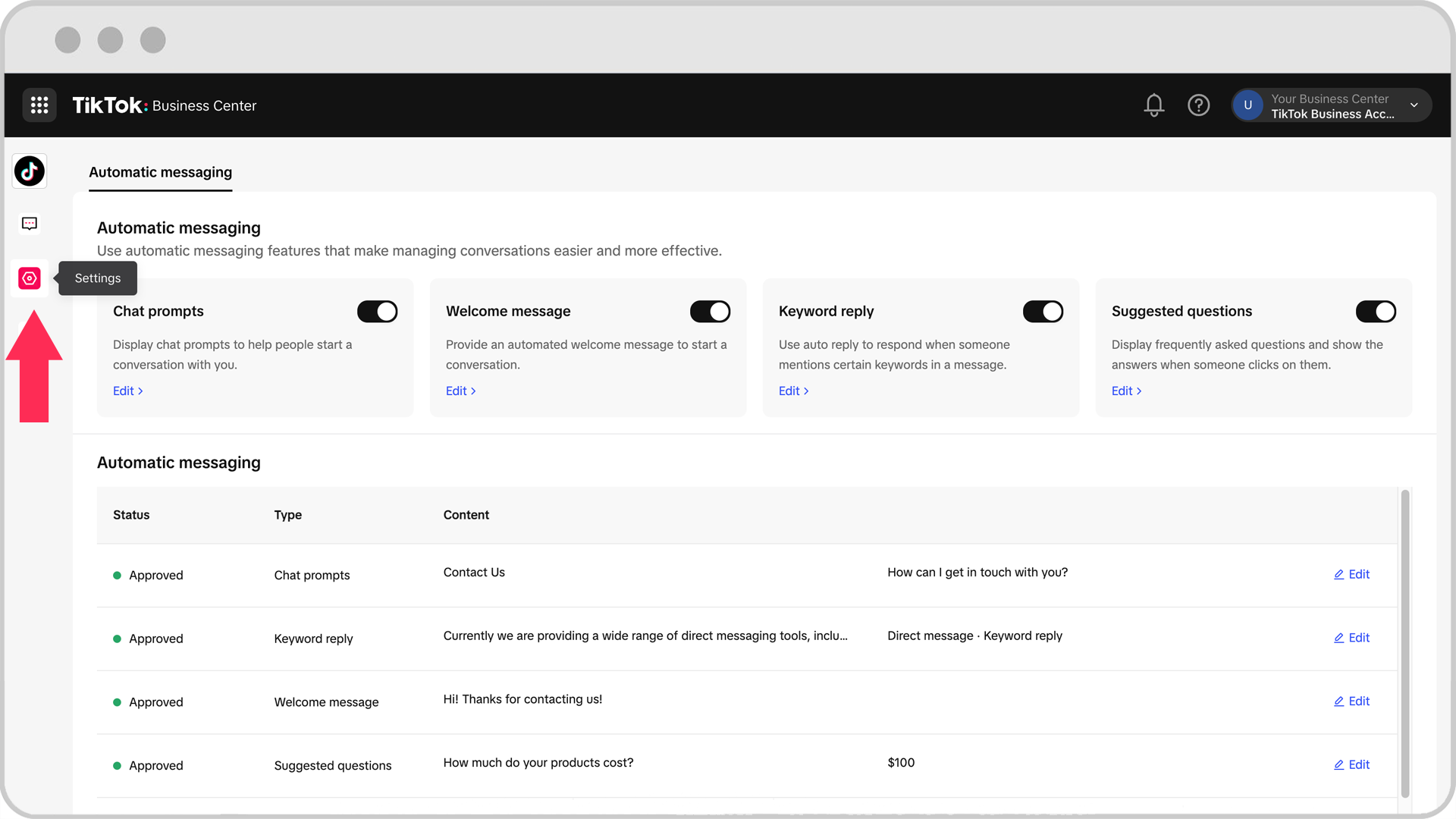 How to configure Business Account automatic messages in Business Center