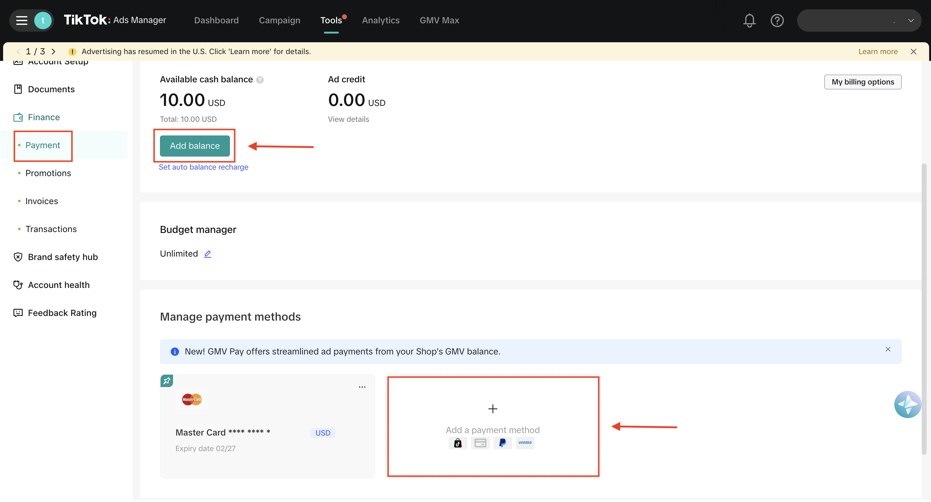 How to use GMV Pay to pay for ads